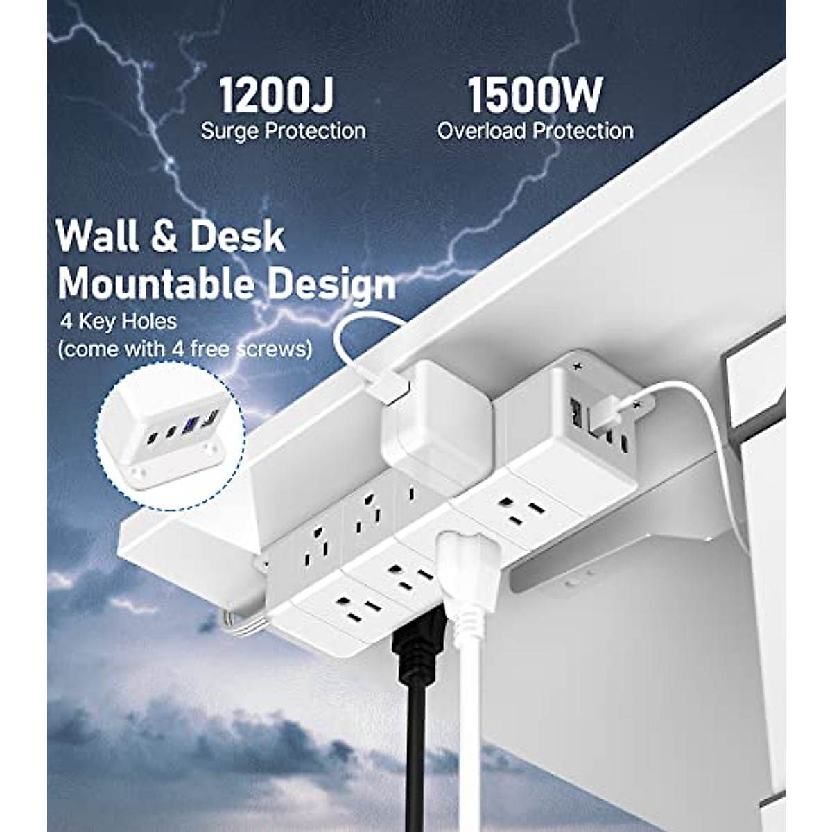 30W USB C Power Strip Surge Protector,Ultra Thin Flat Plug Power Strip 4 Side 12 Outlets,PD Fast Charing,2 USB-C, 2 USB-A(4 USB Total 40W),6ft Slim Extension Cord,16 in 1 Desk Power Bar,1200J White