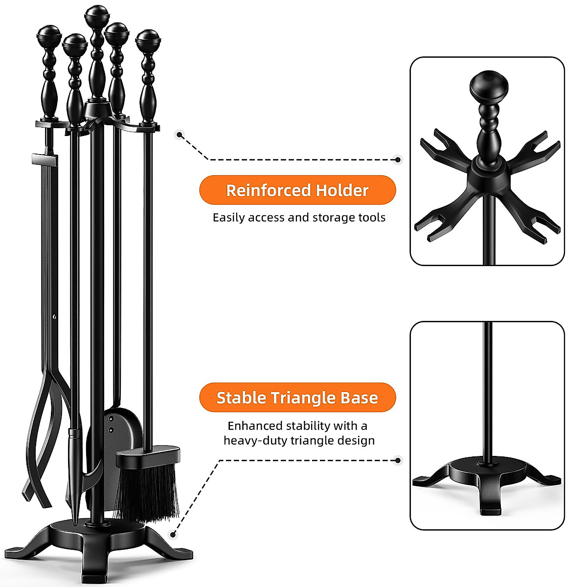 COMFYHOME 5 Piece Fireplace Tools Set, 32'' Heavy Duty Fireplace Tools with Stand, Fire Poker, Shovel, Tongs, Brush, Black Handle Fireplace Kits for Indoor Modern Chimney, Wood Stove, Outdoor Fire Pit