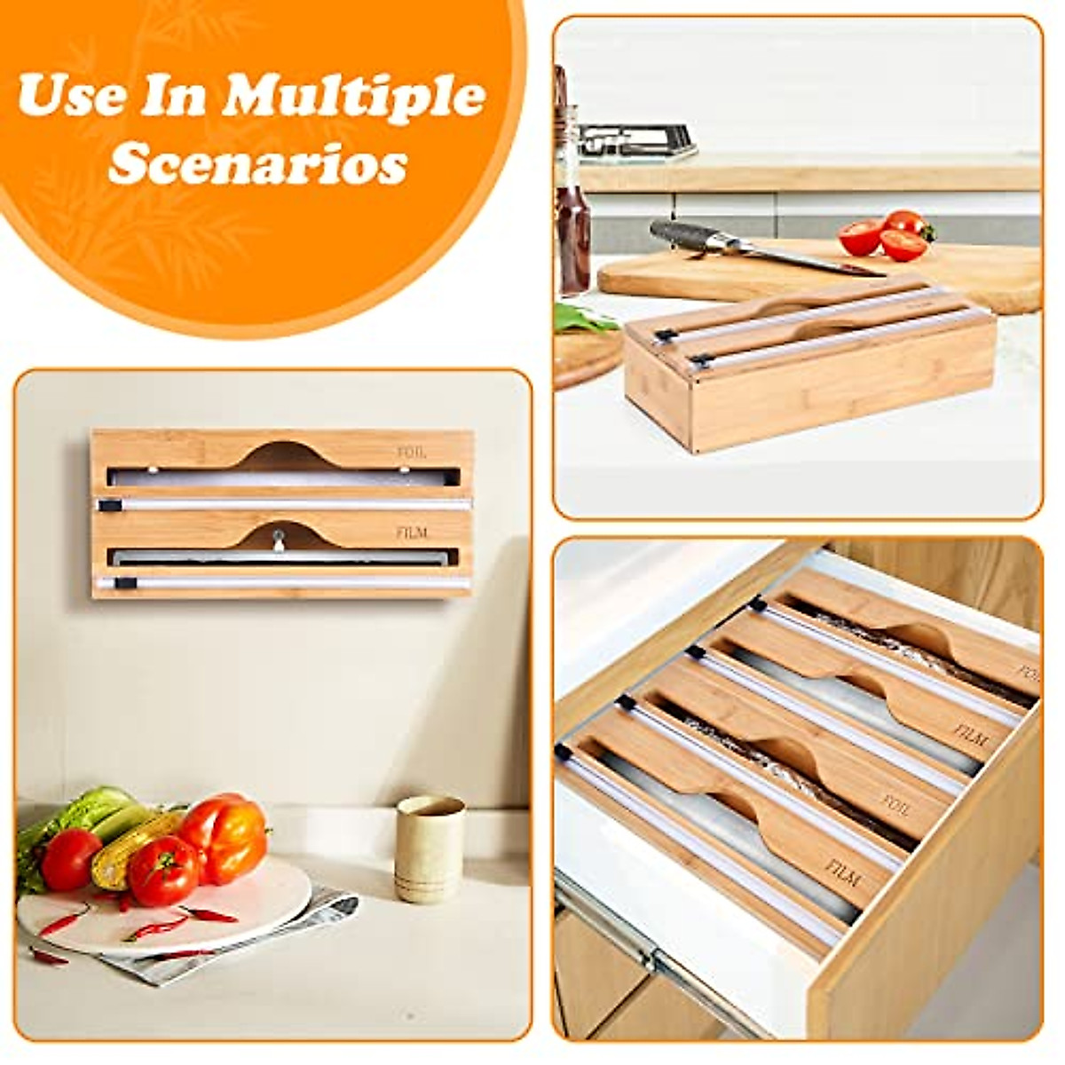 Wownic Wrap Dispenser 2 in 1 with Cutter and Labels Carved | WrapNeat Plastic Wrap Organizer | Foil and Wax Dispenser for Kitchen Drawer | Bamboo Roll Organizer Holder | Compatible with 12" Roll