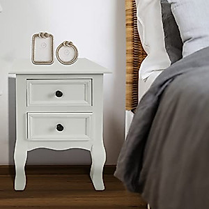 White Nightstand, Bedside Table with 2 Drawers, Wooden Nightstands for Bedroom Small End Tables for Small Spaces Side Table with Storage, Pull Handle, Solid Wood Legs (White Euro Style, 1 PC)