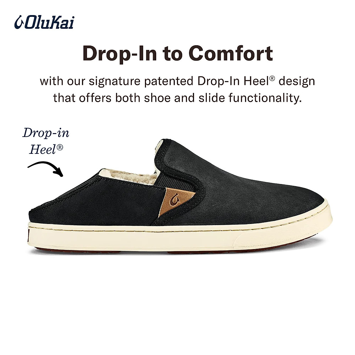 OLUKAI Pehuea Heu Women's Slip-On Sneakers, Genuine Shearling & Premium Waterproof Nubuck Leather, Cozy Slippers with Drop-In Heel Design, Lava Rock/Lava Rock, 9