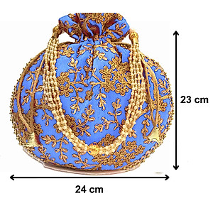 Potli Bag for Women Purse Clutch Pearls Handle Embroidered Silk Batwa With Intricate Gold Thread & Sequin (H*L:9 * 9.5(Inch),(23x24(CM),(Handle Dm:- H*L(cm) 20 * 14) (Sky Blue)