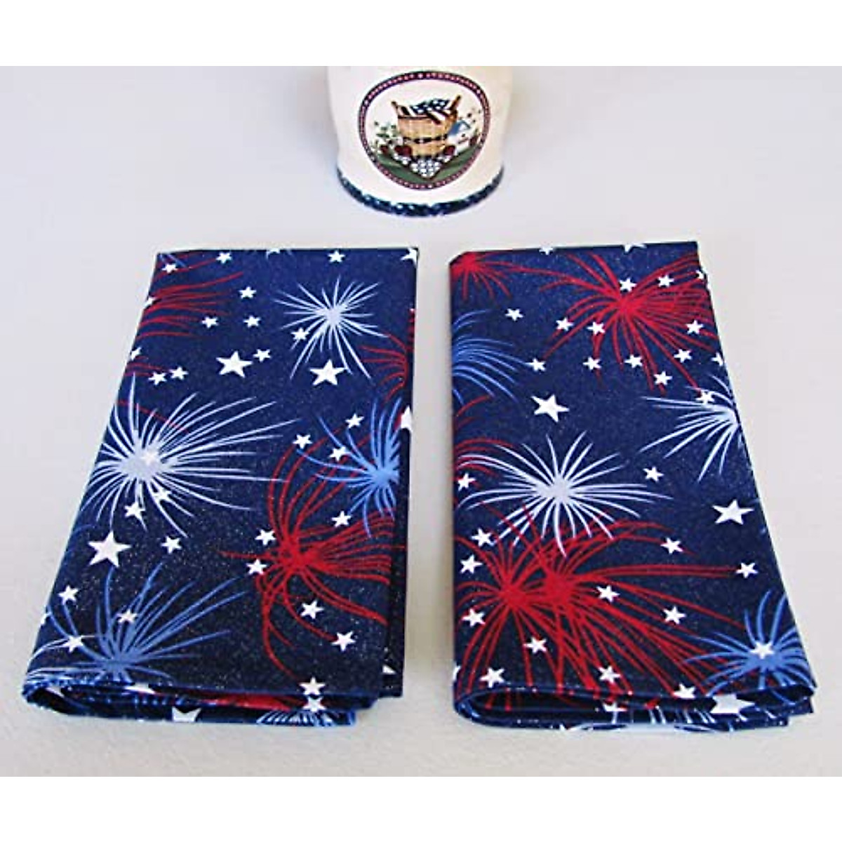 Fireworks & Stars Patriotic Cloth Napkins (Set of 2) Made in USA Patriotic Cotton Navy Blue/Red/White Glitter