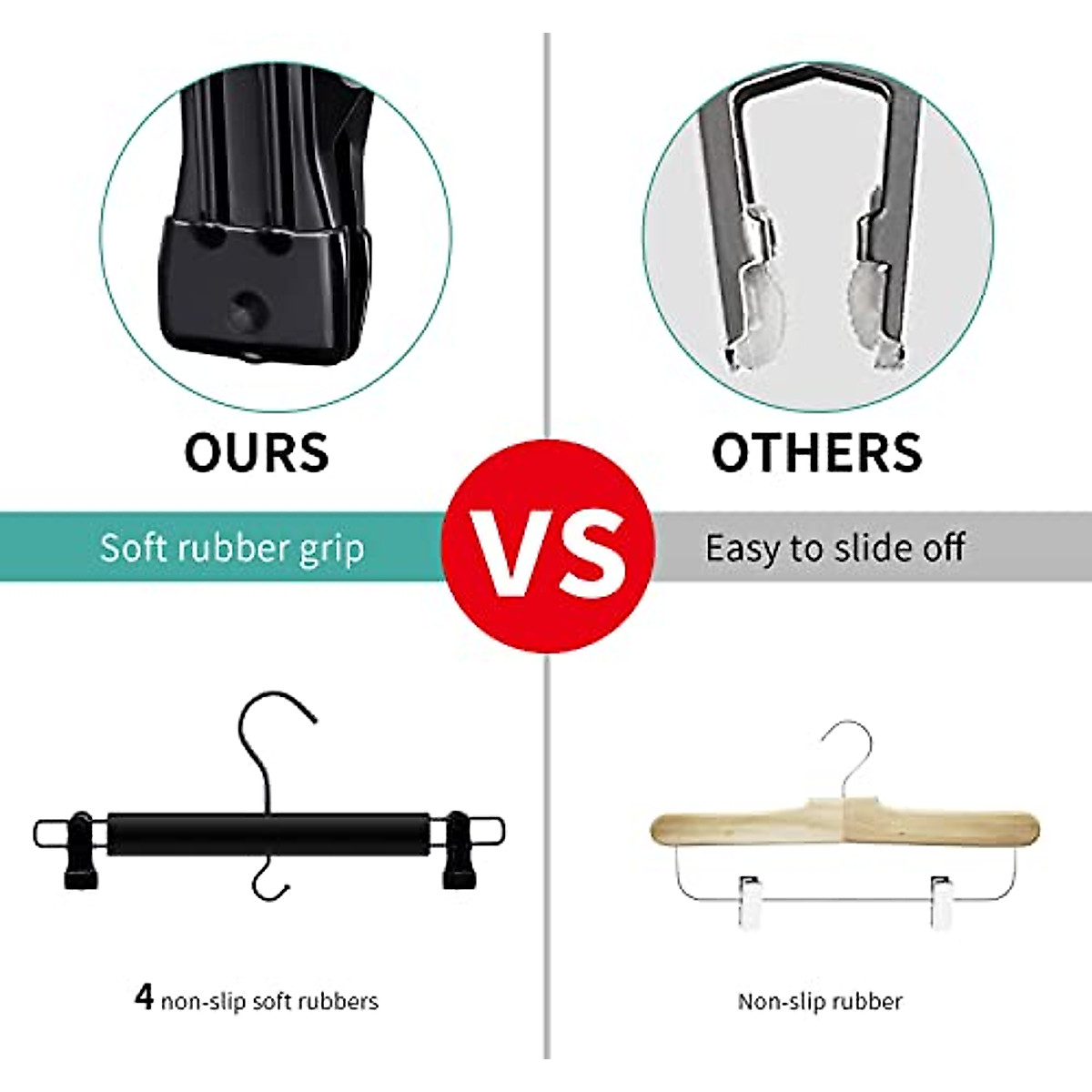 Perfecasa Premium Wooden Pants Hangers 10 Pack, Skirt Hangers with Noise Canceling Hook, Two Sure Grip Clips (Black Color)