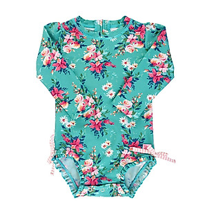 RuffleButts Baby Girls UPF 50+ Sun Protection Floral Printed Long Sleeve One Piece Rash Guard Swimsuit with Zipper - Fancy Me Floral, 2T