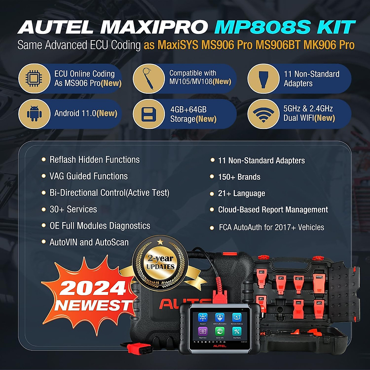 Autel MaxiPRO MP808S PRO Ver. w/ 11 OBD Adapters, 2-Year Free Update, 2024 Advanced ECU Coding Bidirectional Scan Tool, Same as MP900/ MS906S, Upgraded of DS708 DS808 MP808 30+ Service, Work w/ MV108S
