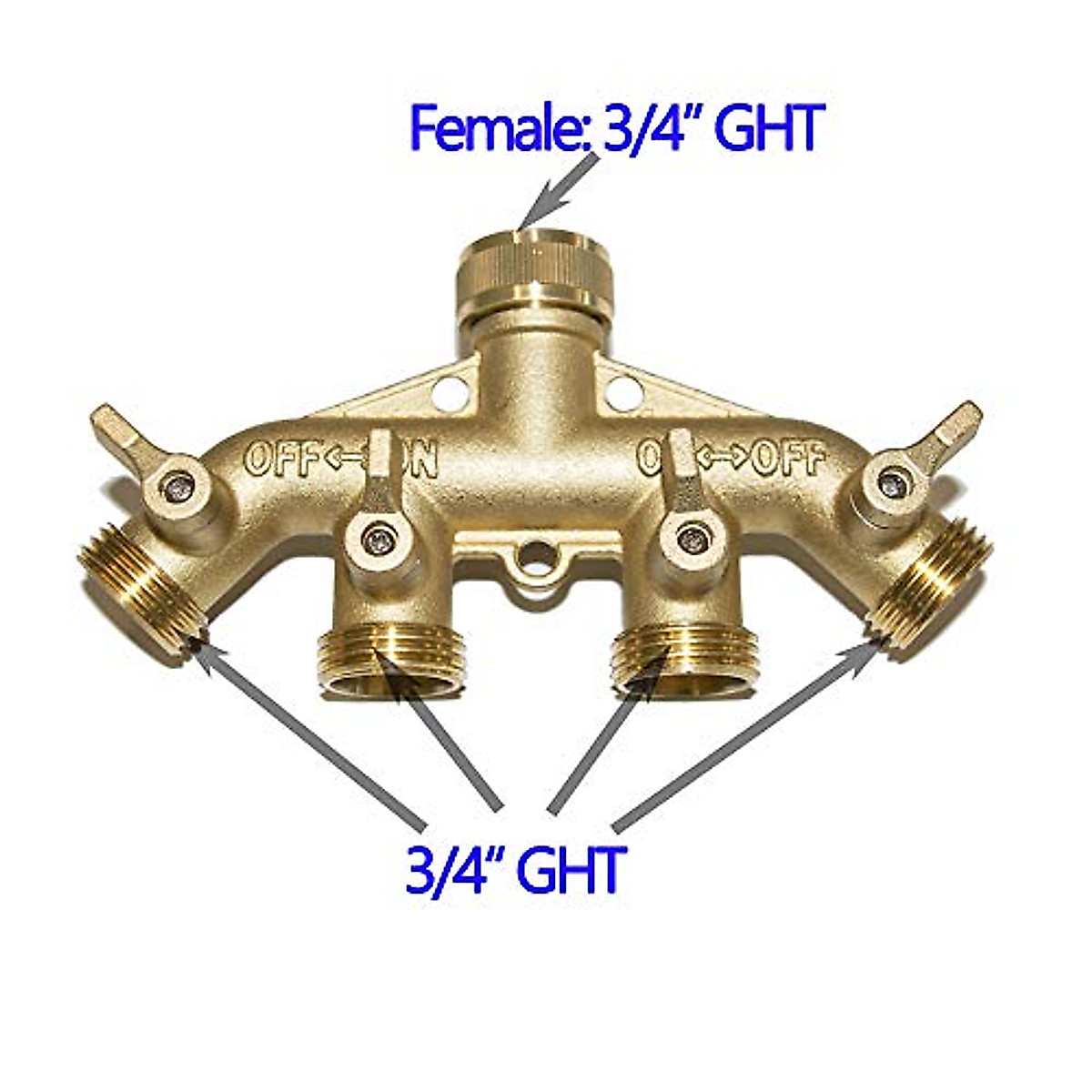 HQMPC 4 Way Hose Splitter 3/4" GHT Garden Hose Splitter 4 Way Solid Brass Hose Connector Heavy Duty Hose Spigot Adapter With 4 Valves 8 Gaskets +2 Seal Tapes