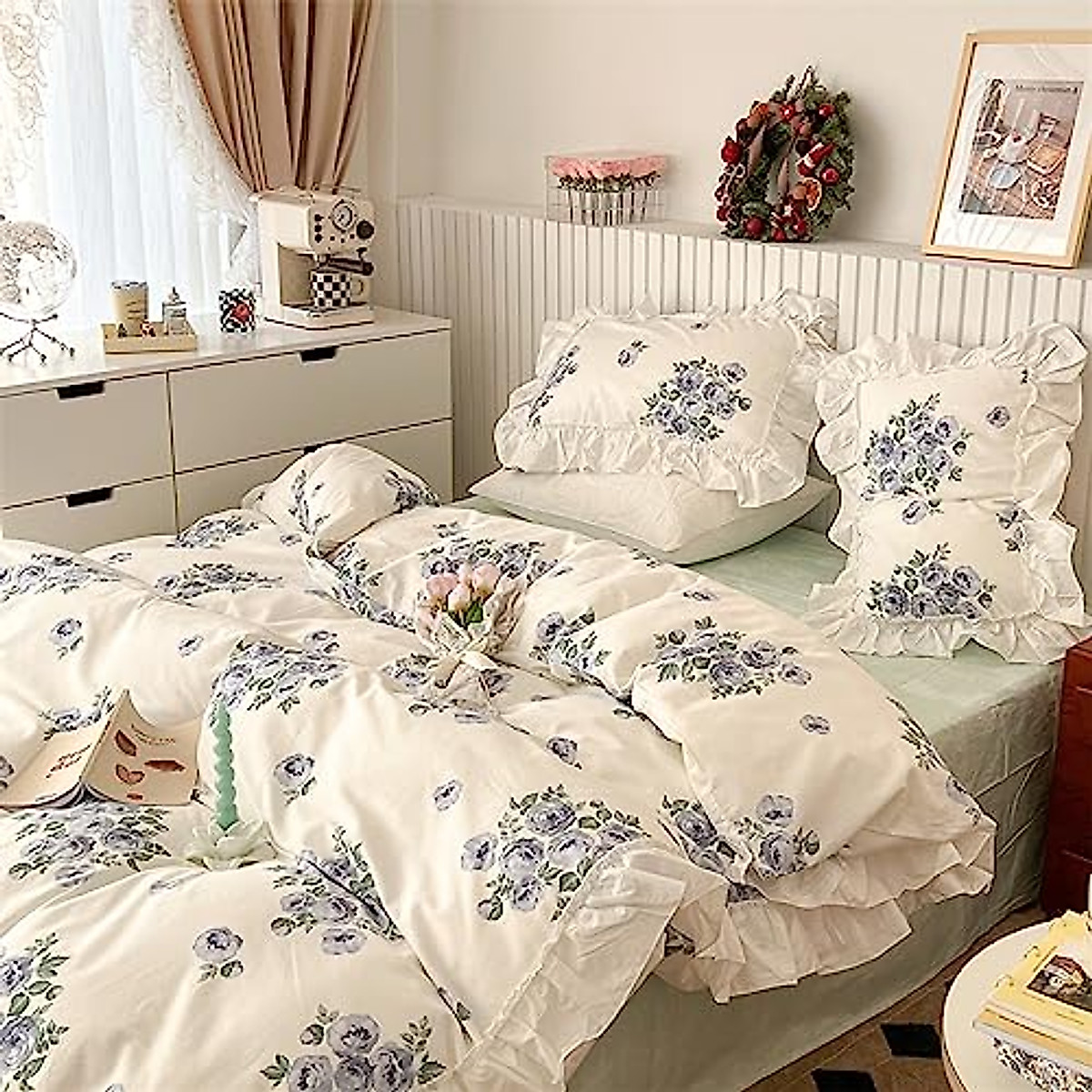 JamChe Lovely Pastoral Style Ink Paint Embroidered Flower Ruffle Lace Bedding 100% Cotton Quilt Cover Sheet Four Piece Set,L,14,Queen 180cm Bed 4pcs