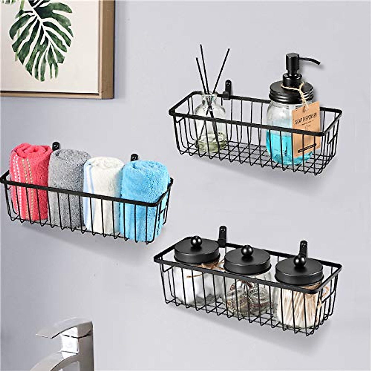 Farmhouse Metal Wire Bin Basket with Wall Mount - Small, 4 Pack - Portable Hanging Wall Basket, Rustic Home Storage Organizer for Cabinets, Pantry, Closets, Bathroom, Kitchen,Bedroom(Black)