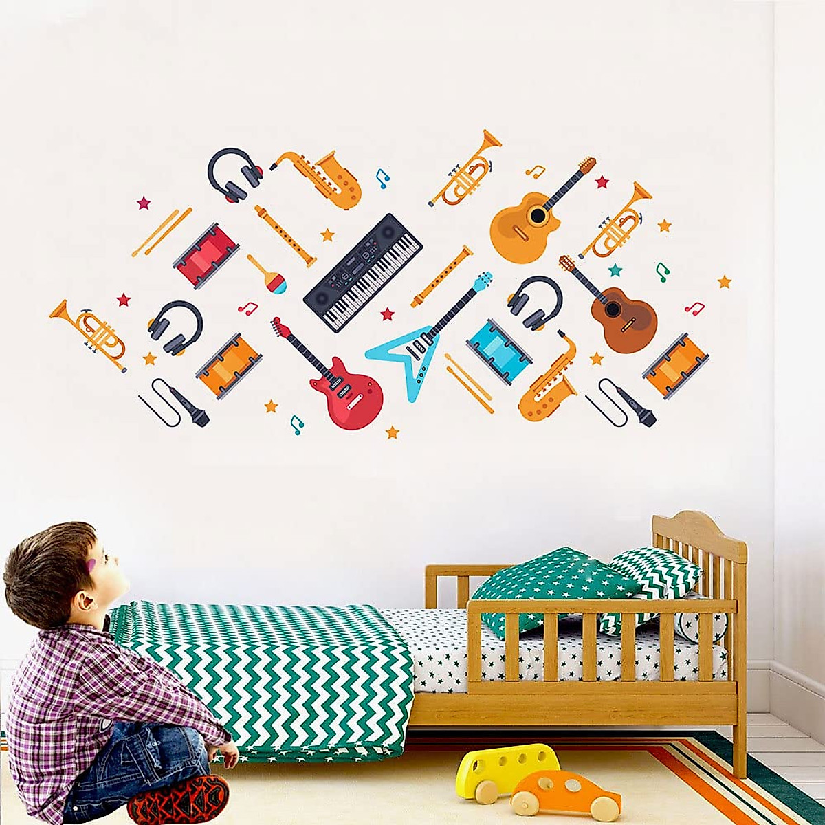 Music Instruments Decor Wall Decals for School Classroom,Guitar Drum Oboe Bass Decor Wall Stickers for Kids Room, Remove Vinyl Wallpaper Mural for Nursery
