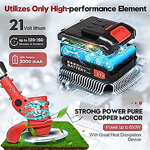 Cordless Weeder Mower Battery Powered 21V 2000mAh, Electric Weeder Brush Cutter, Height Adjustable Edge Trimmer Mini Mower 3-in-1 Cutting Tool, 8 Blades, 1 Wheel, 2 Batteries, 1 Charger