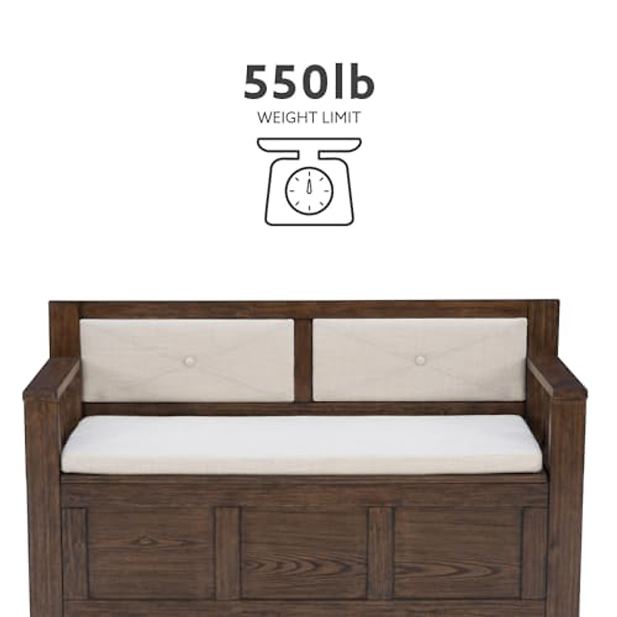 Linon Umber Brown Carlton Rustic Storage Bench with Beige Upholstered Back and Cushioned Seat