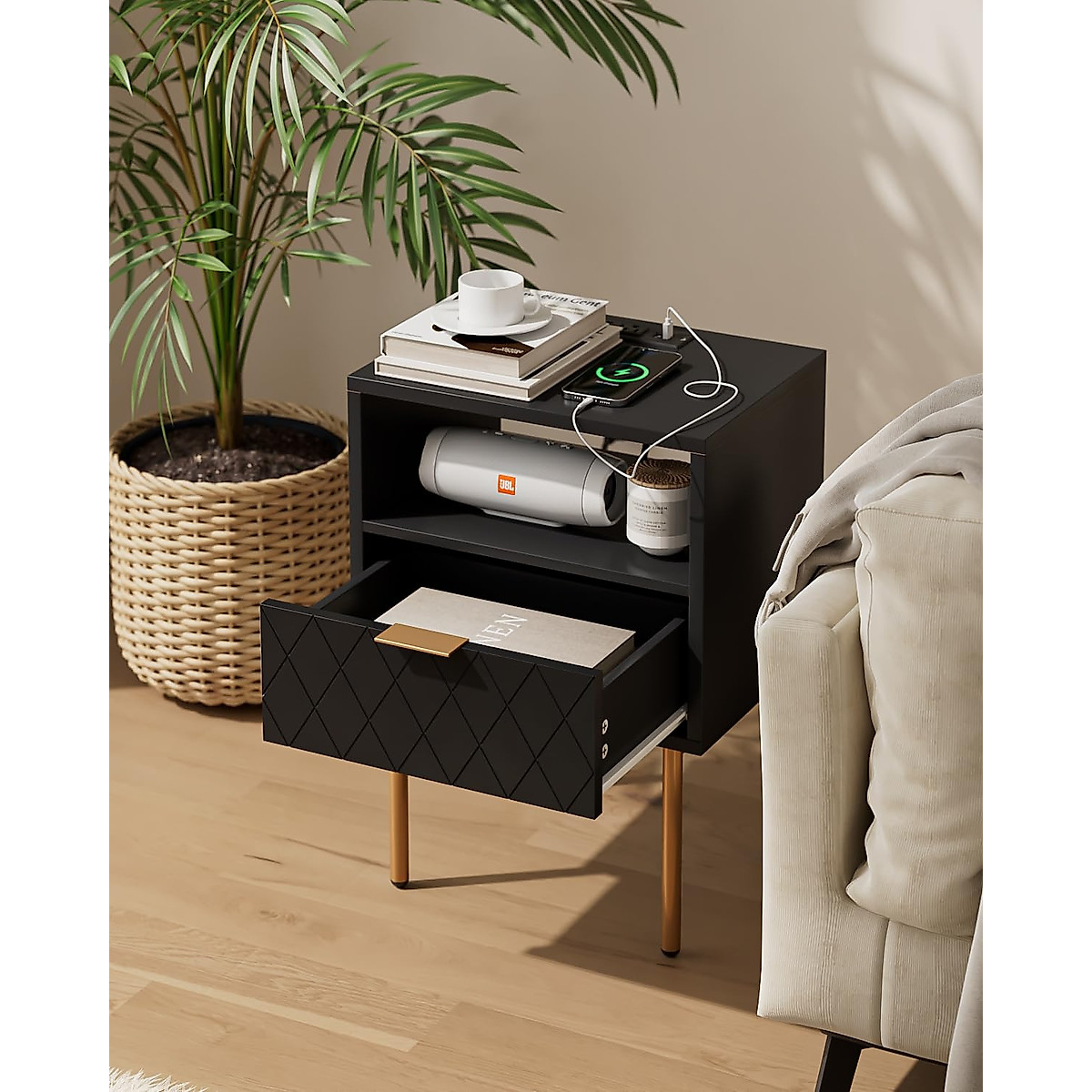 Aobafuir Nightstand with Charging Station, Drawer Dresser for Bedroom, Small Side Table with Drawer, Night Stand, End Table with Gold Frame for Bedroom, Living Room, Diamond Black
