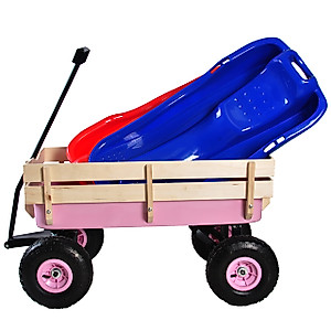 ZeHuoGe Pink Outdoor Sport Wagon All Terrain Pull with Removable Wooden Side Panels, 10-Inch Pneumatic Tires, Extra-Long Handle Folds Under for Easy Storage