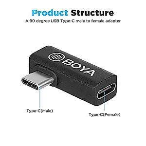BOYA USB C Right Angle Adapter, by-K5 90 Degree USB C to USB Type-C Male to Female Adapter for Laptop, Tablet, Mobile Phone -Black