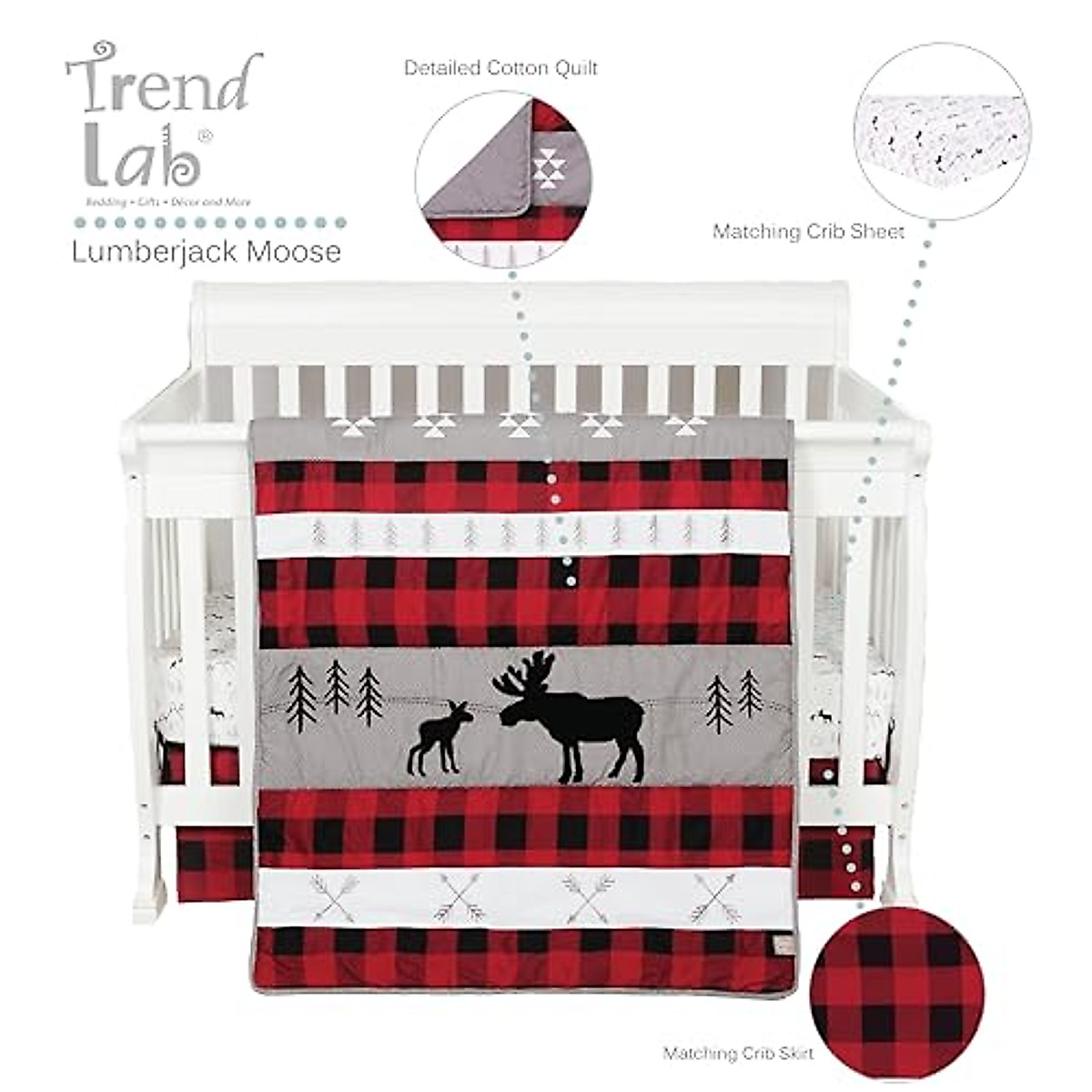 Trend Lab Lumberjack Moose 3 Piece Crib Bedding Set, Gender-Neutral Color Palette, Includes Quilt, Fitted Crib Sheet and Skirt