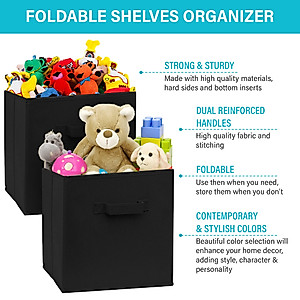 Klozenet Foldable Storage cubes 4-Pack, Fabric Organizer Bins / cube storage basket With Handle For Organizing cubby or Closet Shelves, Storage, Books, Cloth and Toys, (Black)