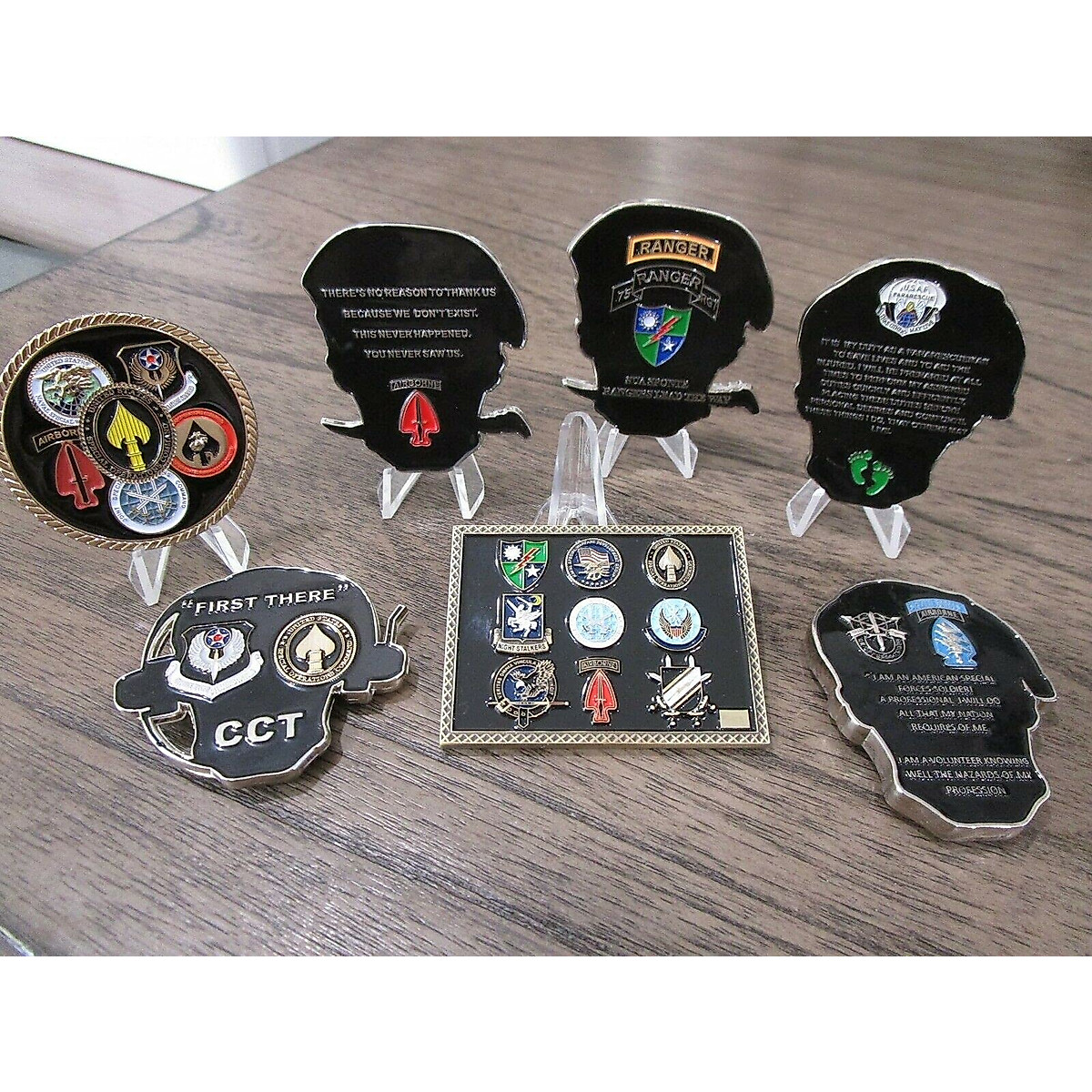 Set of 7 Special Forces Skull Challenge Coins JSOC US Special Operations Command US Army Ranger USAF Pararescue USAF Combat Control Green Berets & Army Delta Force