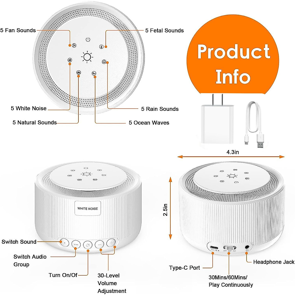 Sound Machine- STYFSCP White Noise Machine with 30 Natural Soothing Sounds 36 Level Volume Light 3 Timer Memory Function, Noise Machine Powered by AC or USB, Sleep Sound Machine for Adults Baby Kids