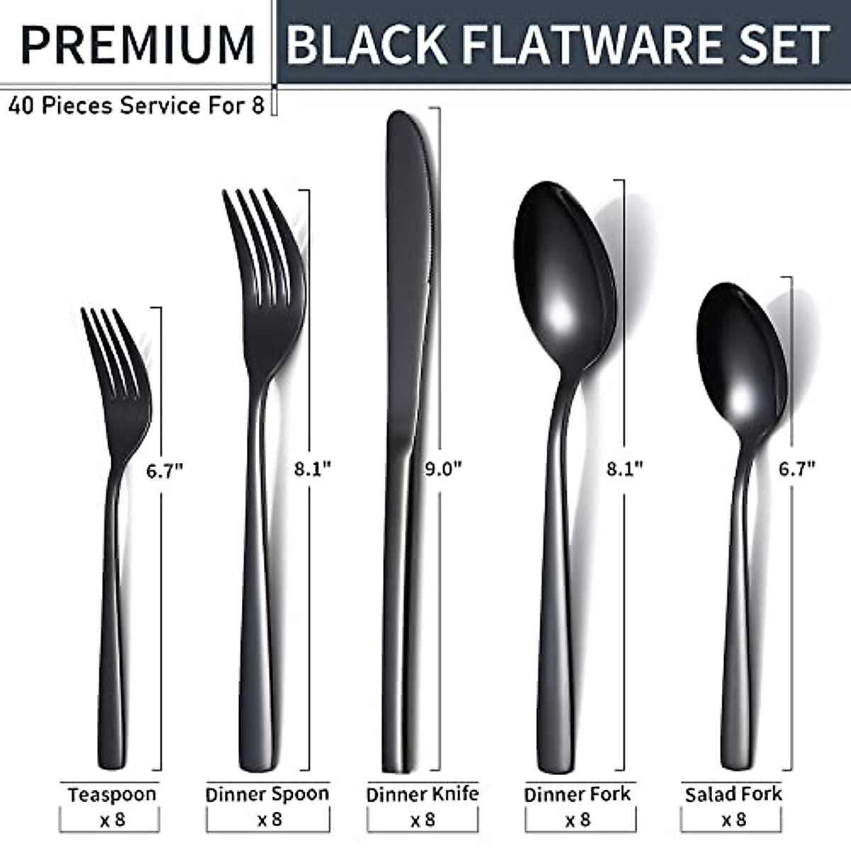 Black Silverware Set, Flatware Set for 8 40 Piece Premium Stainless Steel Square Cutlery Set Include Fork Spoon Knife Kitchen Tableware Utensil Set, Smooth Thickened Edge Mirror Polished, Briout