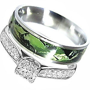 His and Hers Camo 3pc Matching Stainless Steel Sterling Silver Engagement Wedding Rings Set (Size Men 8; Women 5)