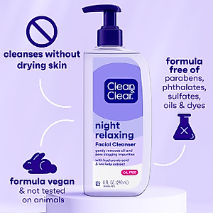 Clean & Clear Night Relaxing Deep Cleaning Oil-Free Night Face Wash, Foaming Facial Cleanser with Hyaluronic Acid & Sea Kelp Extract Gently Removes Oil & Pore Clogging Impurities, 8 fl. oz, 6 Pack