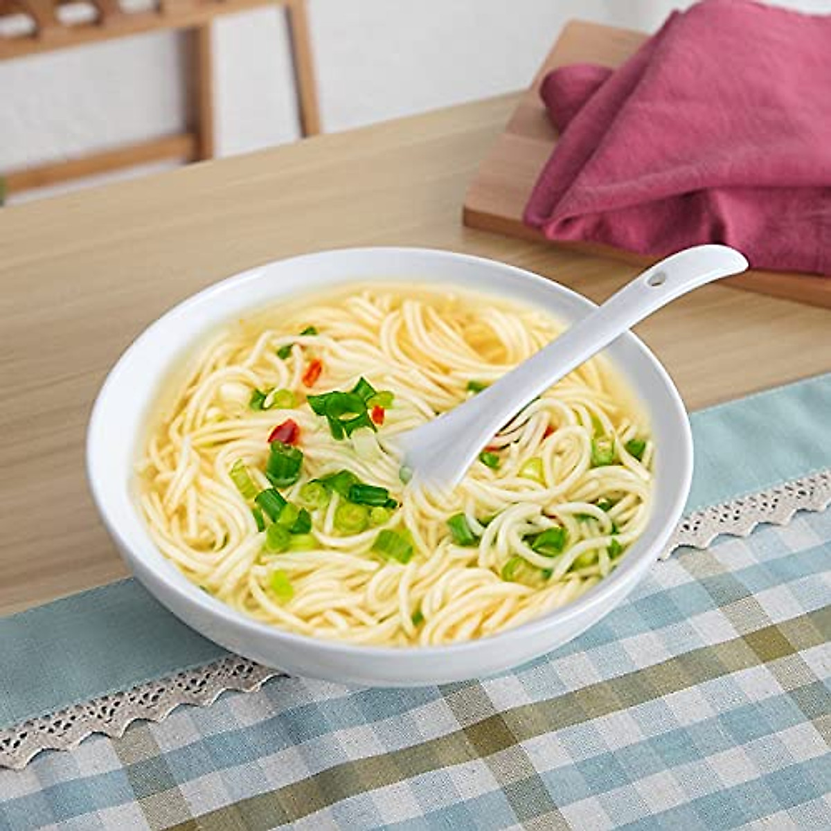 Bright White 6.75 inch Asian Soup Spoon Set of 4, Ultra-fine Porcelain Tablespoon, Chinese Soup Spoons/Japanese Kitchen Soup Spoons for Cereal, Small Spoons for Ramen Pho - Deep Oval Hook Design