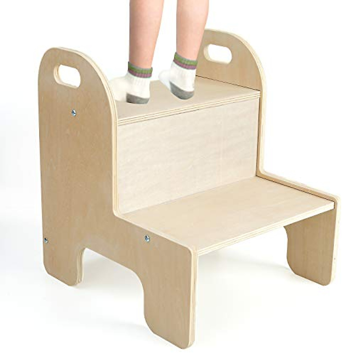 GEMEM Wooden Toddler Step Stool for Kids, Two Step Wooden Toddler Step Stool with Handles and Bonus Non-Slip Pads, Safety Children's Stool Use for Kitchen, Bathroom & Potty Training Dual Height