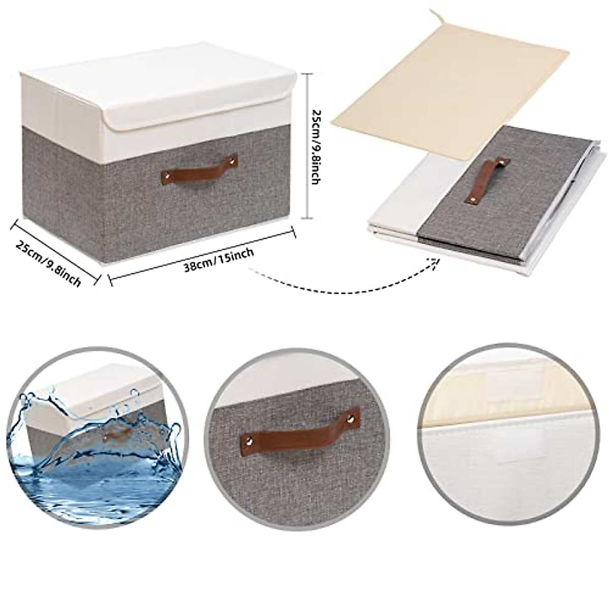 OUTBROS Foldable Storage Boxes with Lids,Large Linen Fabric Foldable Storage Boxes Organizer,Closet Organizers for Clothes Storage, Office Storage 15 x 9.8 x 9.8 inch,White/Grey,4-Pack