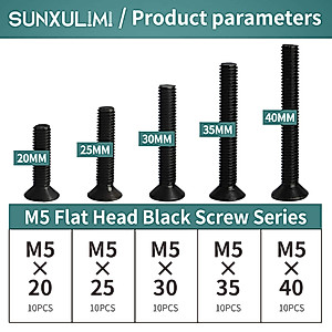 M5 x 20mm 25mm 30mm 35mm 40mm Flat Head Socket Cap Screws Countersunk Bolts, 10.9 Grade Alloy Steel, Black Oxide Finish, Fully Threaded, Metric Allen Hex Drive, Assortment Kit 50PCS