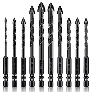 10 Pieces Masonry Drill Bit Set 1/4" Hex Shank Concrete Drill Bits Set for Glass, Tile, Brick, Pots, Plastic and Wood, Carbide Tip Works with Ceramic, Marble, Granite(Black)