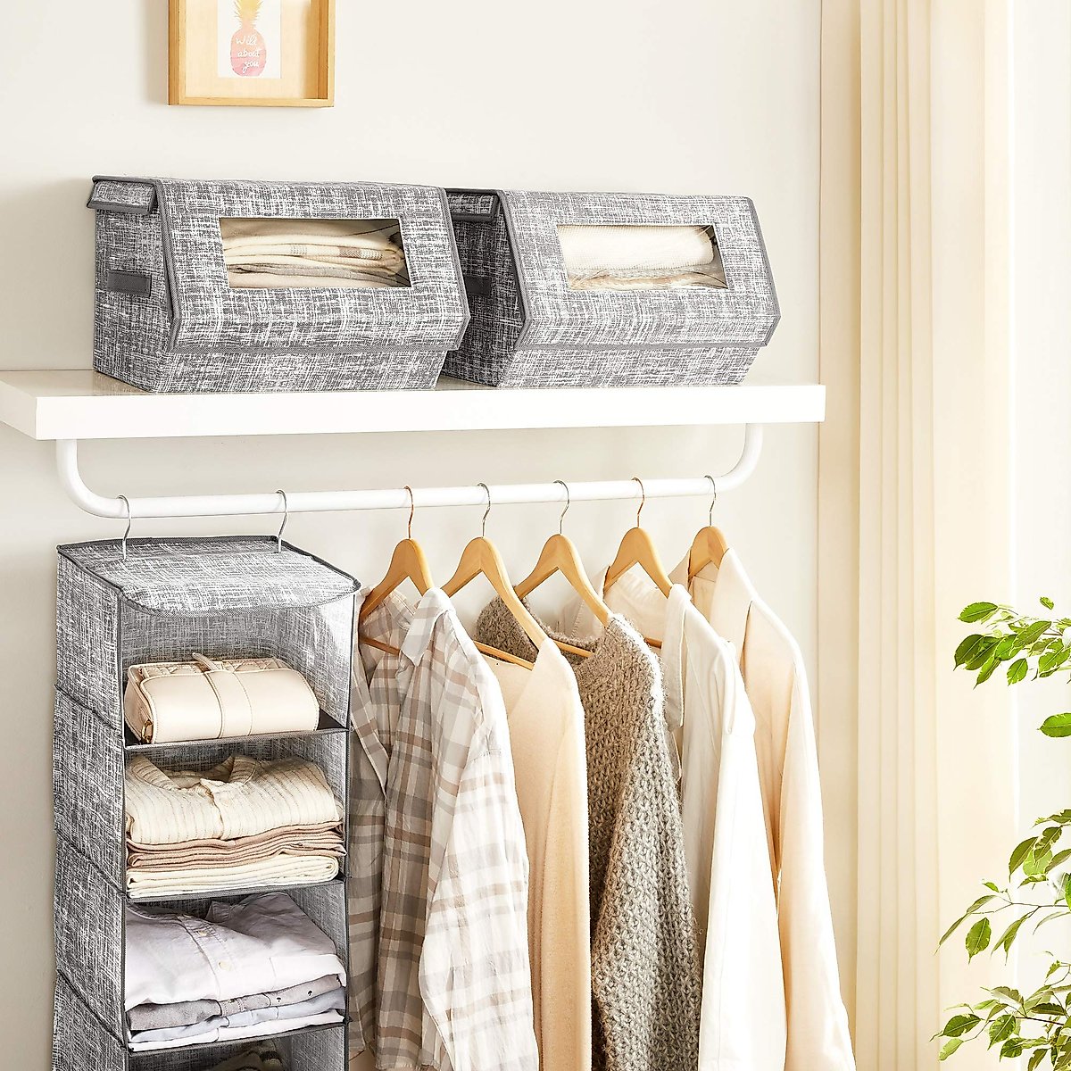 SONGMICS Stackable Storage Bins Set of 2, Fabric Storage Boxes with Lids, Storage Cubes with Magnetic Closures, Front Windows, Lids Can Stay Open after Stacking, Light Gray URLB002G02