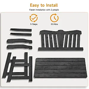 ONBRILL Outdoor Bench, 2-Person Weatherproof Garden Bench with Wide Armrests and Backrest, All-Weather Patio Bench Will not Rot and Fade for Garden, Porch, Backyard and Park, Easy Installation, Black