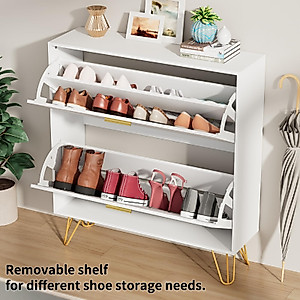 CARPETNAL Shoe Cabinet for Entryway Slim, White Shoe Storage Cabinet with 2 Flip Drawers, Narrow Shoe Rack Cabinet, Freestanding Shoe Cabinet Organizer with Metal Handle and Legs for Entryway, Hallway