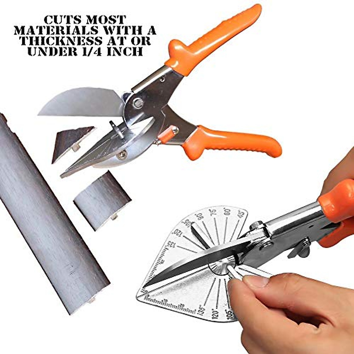 Multi Angle Miter Cutter | + Spare Blade | Hand Scissors Multipurpose Tool | 45-135 Degree Cutting | Stainless Steel, Rubber Handle & Safety Lock | Miter Shears, Trim, Chamfer & Quarter Round Cutters