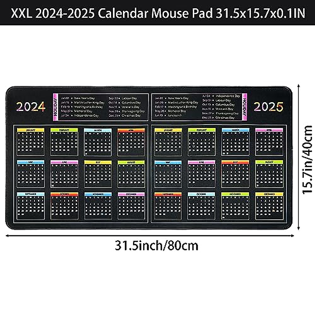 9CH Large Gaming Mouse Pad 2024-2025 Calendar with Holidays Mouse Pad Non-Slip Rubber Base, Computer Mouse Pad for Desktop Work, Game, Office(31.5 x 15.7 Inch-Black)