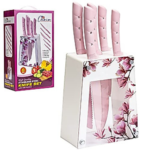 Kitchen Knife Set, OasisUSA Stainless Steel Sharp Knife Sets With ABS Stand, non-fading Pink Color Flower patterned Stainless Steel Blade with Triple-Riveted Handles. Gift for Women and Girls