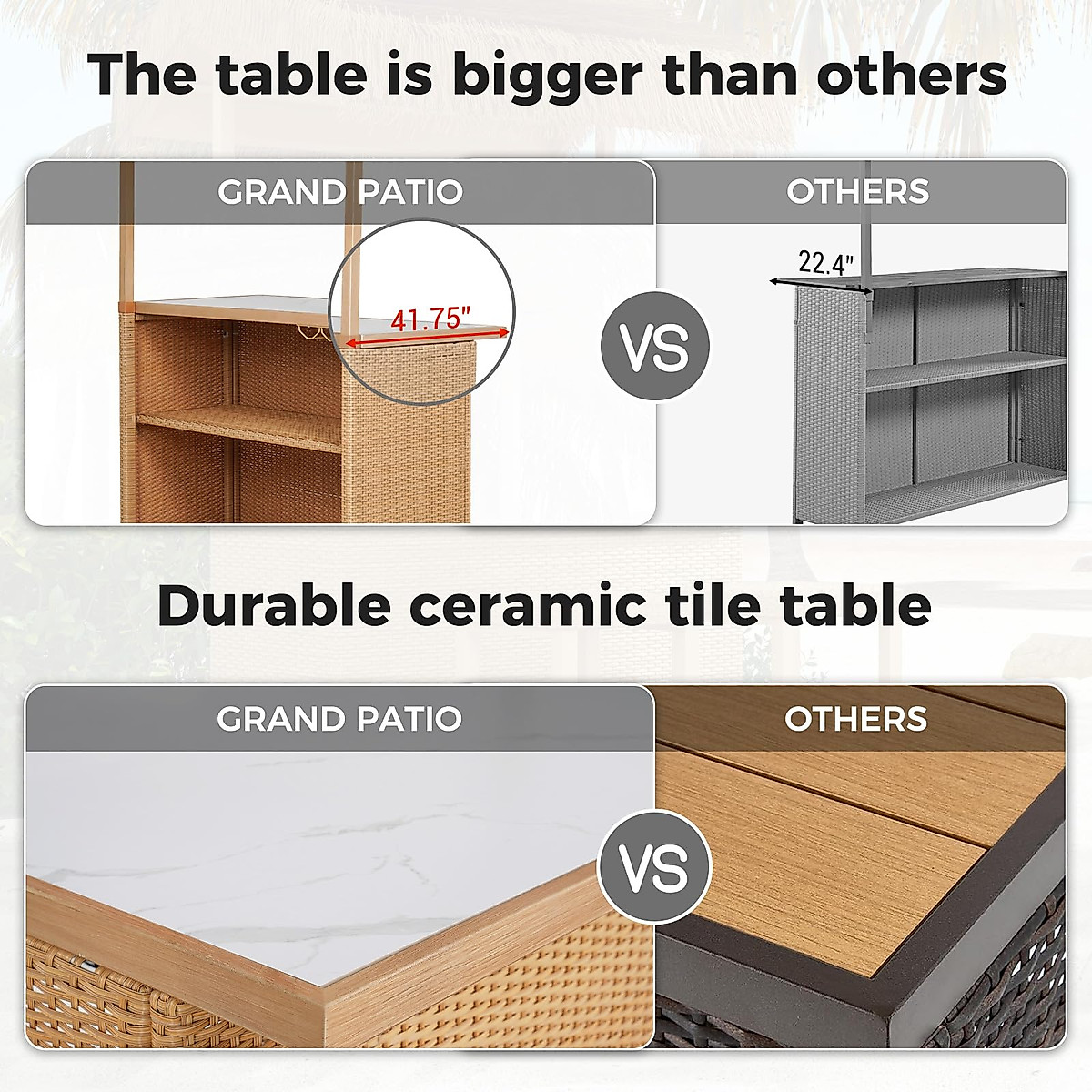 Grand patio Outdoor Tiki Bar Set with Widen Ceramic Top (42" W), Phuket 5-Piece Wicker Islander Tiki Bar and 4 Stools Storage for Garden, Natural