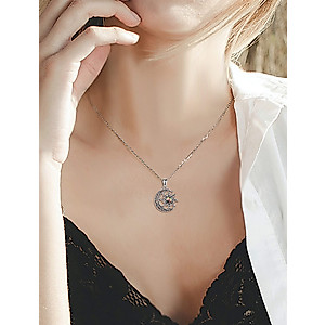 NFUSEU Sun and Moon Necklace Sterling Silver for Women Witchy Jewelry Crescent Moon Pendant Twitches Abalone Vintage Oxidized Black Birthday Gifts, 18 Inch Chain