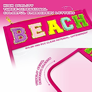 LSxia Chenille Letter Clear Travel Zipper Pouch Nylon Makeup Bag, Preppy Clear Cosmetic Toiletry Bag, Water-proof Makeup/Snack Bags for Women Girls (Rose Red-Beach)