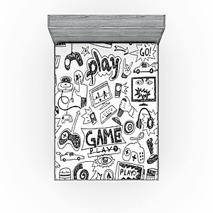 Ambesonne Video Games Fitted Sheet, Monochrome Sketch Style Gaming Design Racing Monitor Device Gadget Teen 90's, Bed Cover with All-Round Elastic Deep Pocket for Comfort, Queen Size, White Black