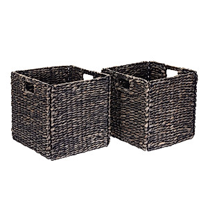 Villacera 12-Inch Square Handmade Wicker Storage Bin, Foldable Baskets made of Water Hyacinth in Black | Set of 2