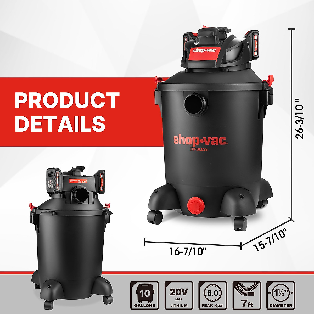 Shop-Vac 10 Gallon Wet Dry Vacuum Cleaner, 8.0 Peak Kpa Shop Vacuum with Blower Function, Cordless Vacuum Cleaner for Pet Hair, Jobsite, Garage, Home & Workshop