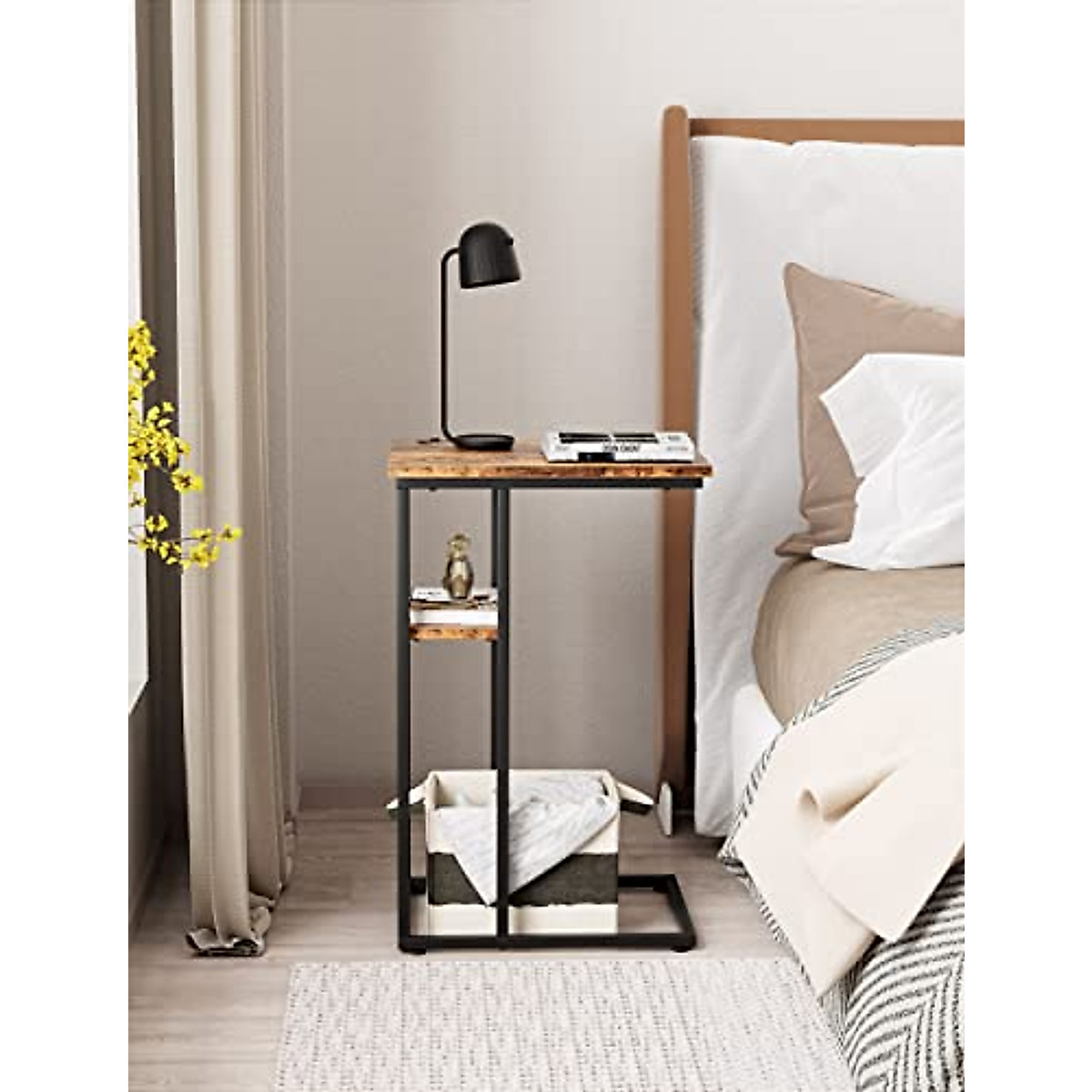 Innerjoin 2 Shelves C Side Table with Metal Frame, C Shaped End Table, TV Tray Table for Couch, Sofa Table for Living Room Bedroom, Bedside Table, Rustic Vintage Style, Brown