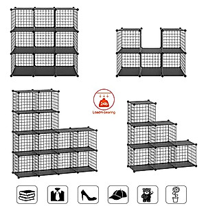HUBSON Wire Cube Storage Organizer, 12-Cube Metal Grids Storage Shelf, Closet Cabinet, DIY Plastic Cube Bookcase Modular Closet Cabinet for Bedroom, Living Room, Office, Black