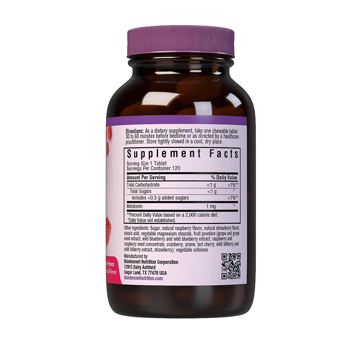 Bluebonnet Nutrition EarthSweet Melatonin 1 mg Fast-Acting Quick Dissolve Nighttime Relaxation & Restful Sleep Support - Sleep Aid - Gluten-Free, Vegan - Raspberry Flavor - 120 Chewable Tablets