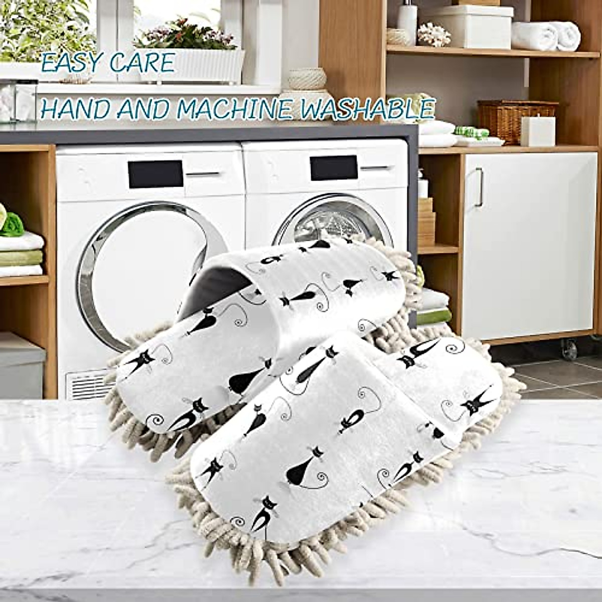 Black Cats Mop Slippers Shoes Cover for Floor Cleaning Washable Hair Dust Dirty Cleaners Microfiber Mop Socks for House Office Kitchen