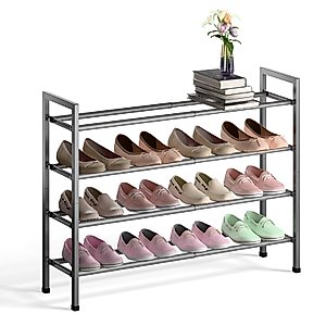 Bumusty 4-Tier Expandable Shoe Rack for Closet, 18“-33” Adjustable Shoe Rack for Small Space, Small Shoe Organizer for Front Door, Sturdy Metal, Gray