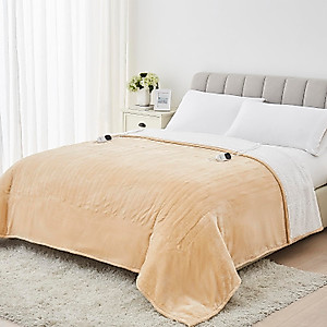 Homemate Heated Electric Blanket Queen Size - 84"x90" Heating Bed Blanket Throw with 10 Heating Levels 8 Hours Auto Off Fast Heating Over-Heat Protection Ultra Soft Flannel ETL Certified, Beige