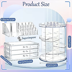 Maitys Set of 2 360° Rotating Makeup Organizer and Cosmetic Display Cases 3 Drawers Stackable Storage Box Adjustable Cosmetic Storage Display Case for Jewelry Accessories Lipsticks, Clear Transparent